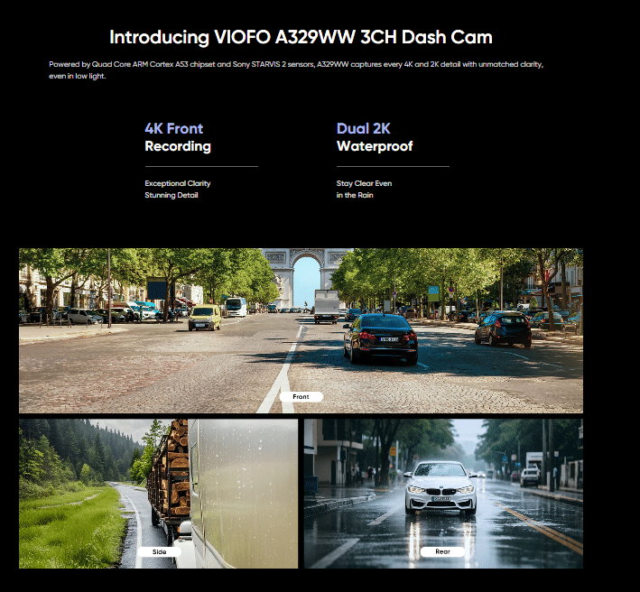Dash Camera VIOFO A329WW 3 Channel 4K Front+ 2 Rear Waterproof External ...
